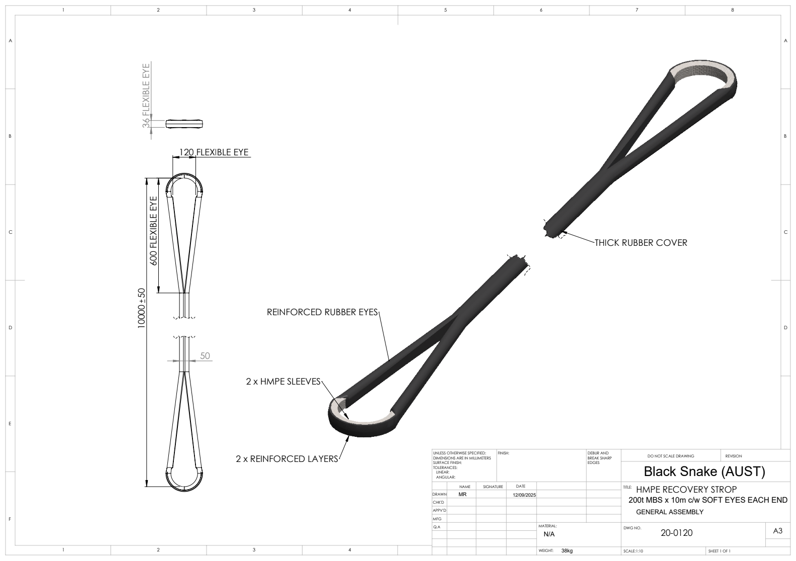 Heavy Duty “Soft Eye HMPE” Recovery Strop – Black Snake (AUST)